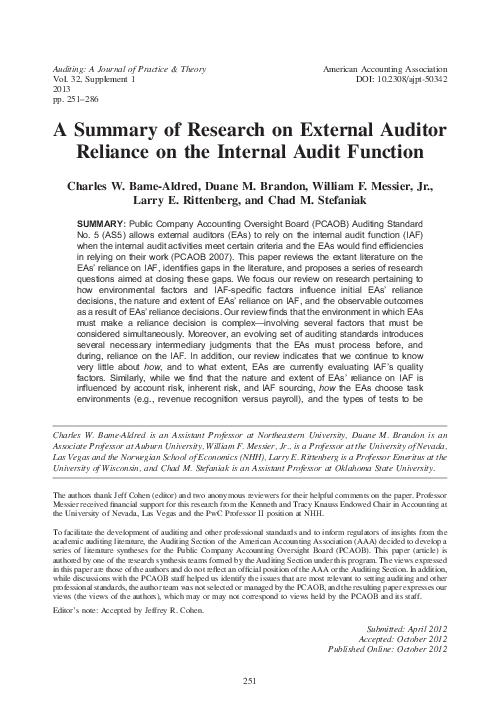 (PDF) A Summary of Research on External Auditor Reliance on the ...