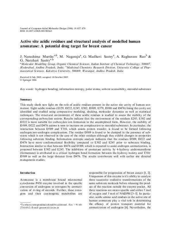(PDF) Acidic Residues in Human Aromatase: Drug Target