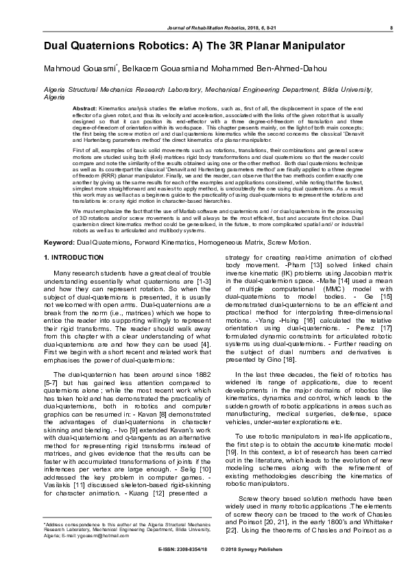 (PDF) Dual Quaternions Robotics: A) The 3R Planar Manipulator
