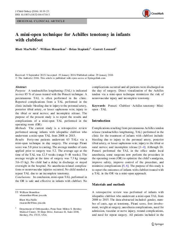 (PDF) A mini-open technique for Achilles tenotomy in infants with clubfoot