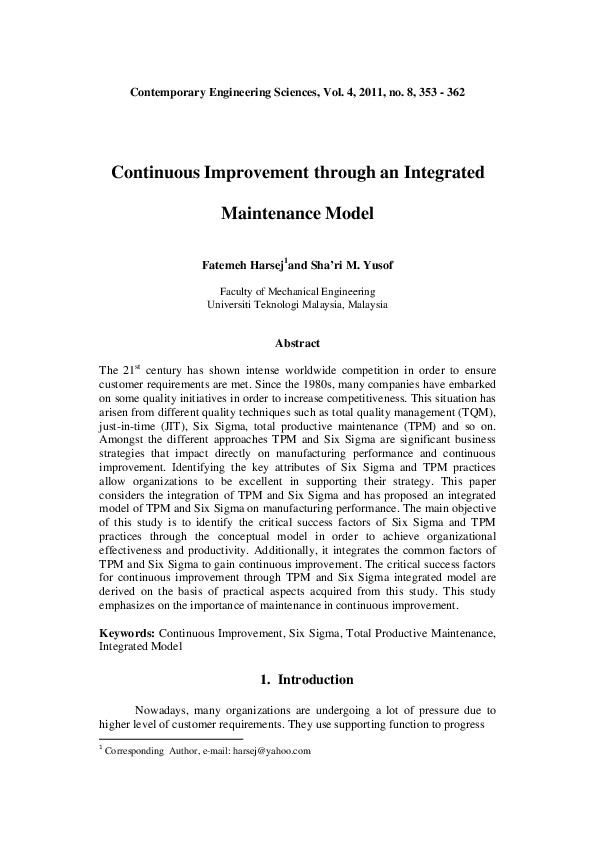 (PDF) Continuous Improvement through an Integrated Maintenance Model
