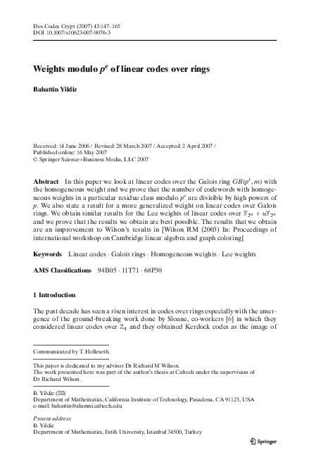 (PDF) Weights modulo pe of linear codes over rings