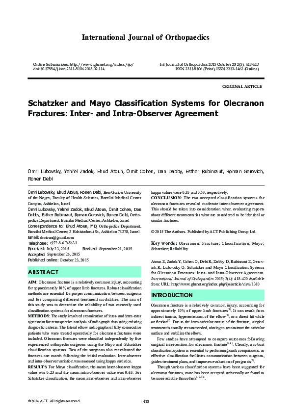 (PDF) Schatzker and Mayo Classification Systems for Olecranon Fractures ...