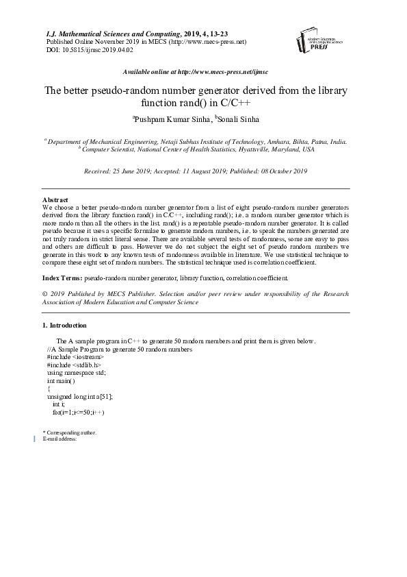 (PDF) The better pseudo-random number generator derived from the ...