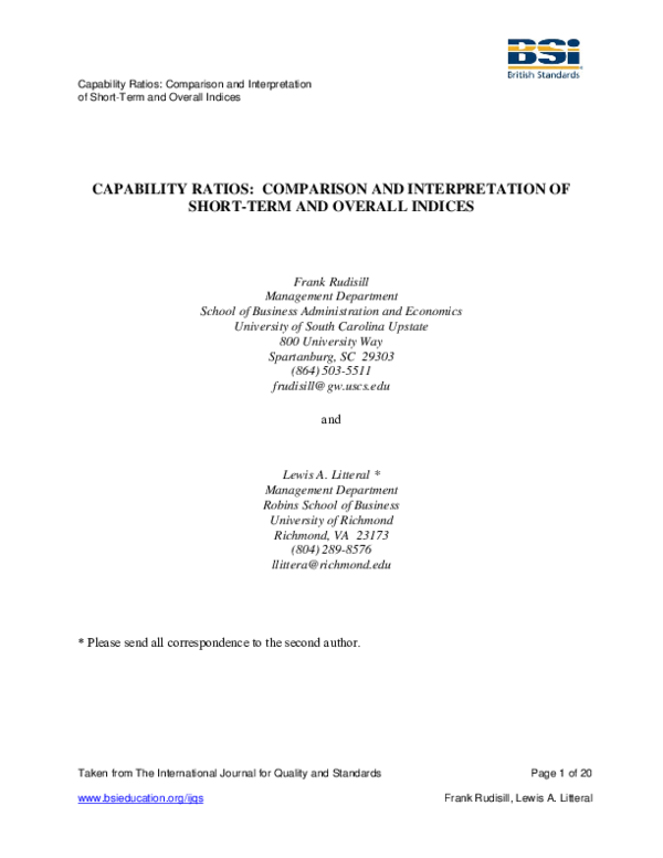 (PDF) Capability Ratios: Comparison and Interpretation of Short-Term ...