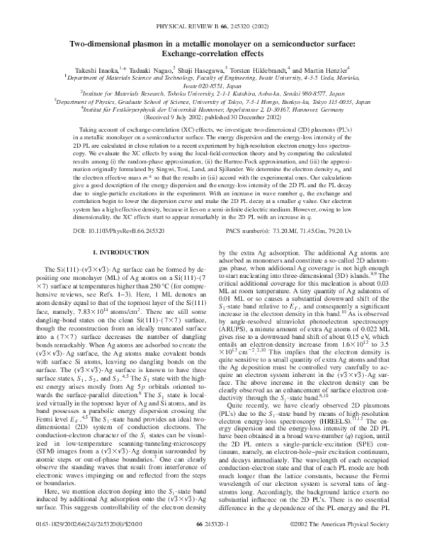 (PDF) Two-dimensional plasmon in a metallic monolayer on a semiconductor surface: Exchange ...