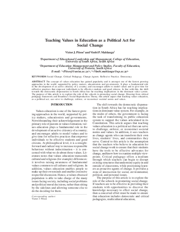 (PDF) Teaching Values in Education as a Political Act for Social Change