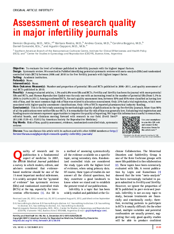 (PDF) Assessment of research quality in major infertility journals