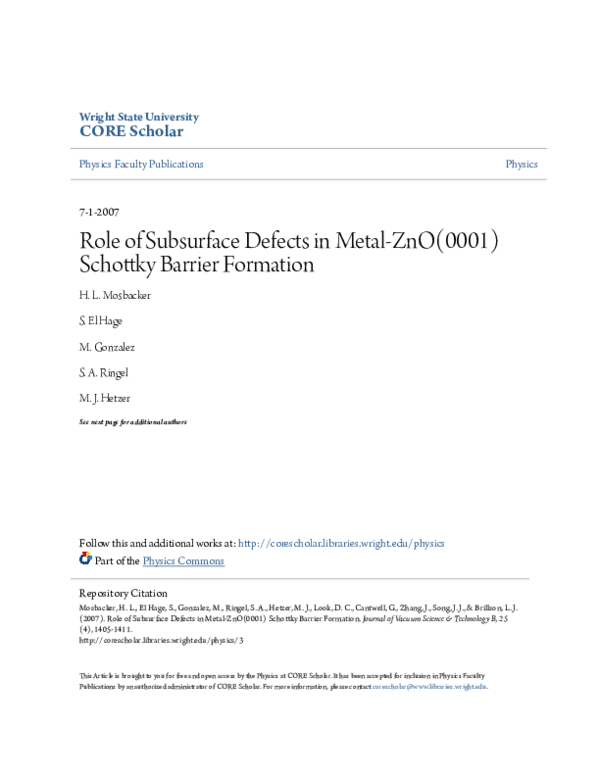 (PDF) Role of subsurface defects in metal-ZnO(0001) Schottky barrier ...
