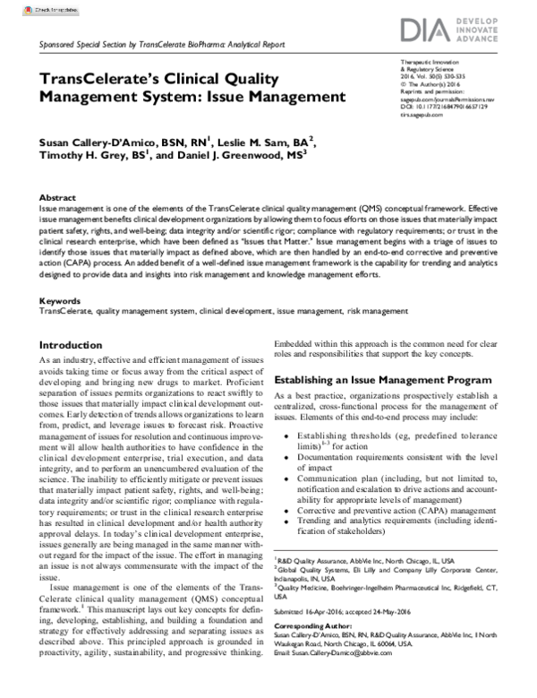 (PDF) TransCelerate’s Clinical Quality Management System