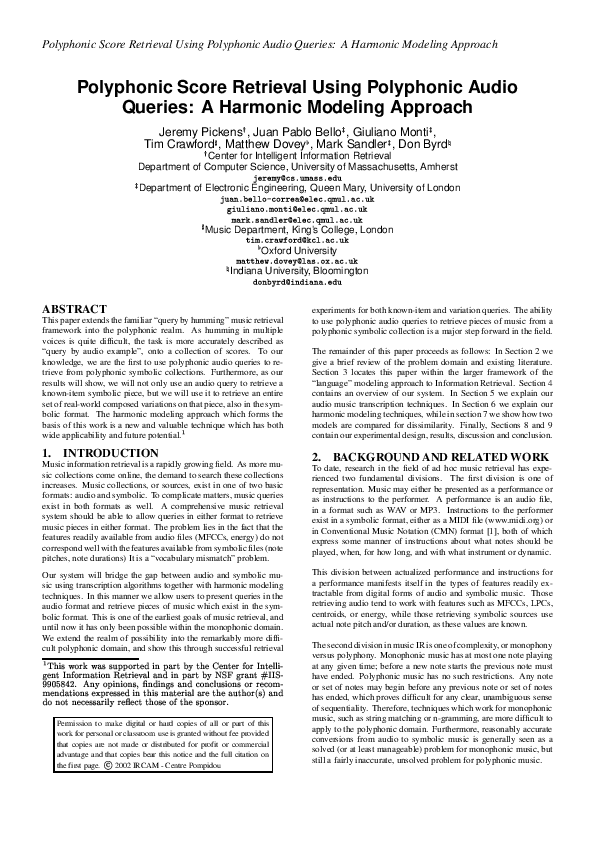 (PDF) Polyphonic Score Retrieval Using Polyphonic Audio Queries: A Harmonic Modeling Approach