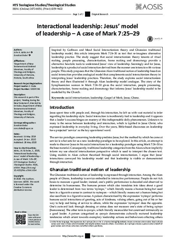 (PDF) Interactional leadership: Jesus’ model of leadership – A case of ...