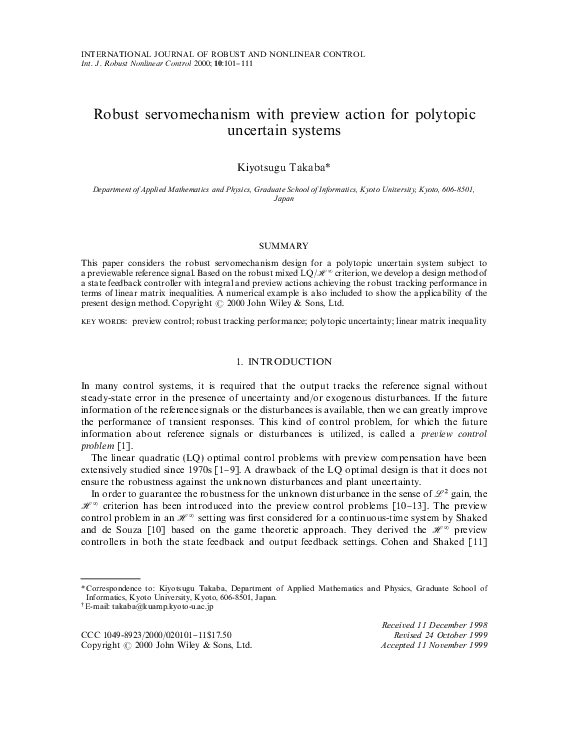 (PDF) Robust servomechanism with preview action for polytopic uncertain systems