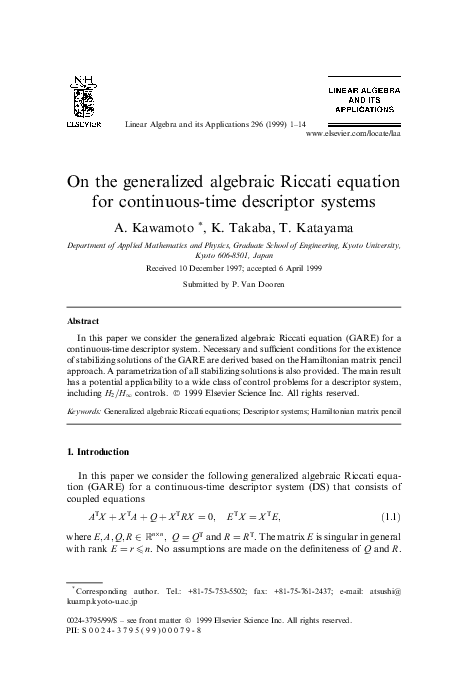 (PDF) On the generalized algebraic Riccati equation for continuous-time descriptor systems