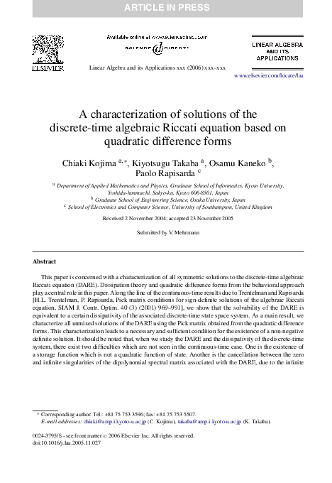(PDF) A characterization of solutions of the discrete-time algebraic ...
