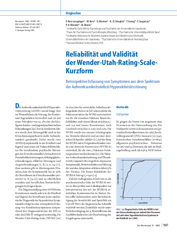 (PDF) Wender Utah Rating Scale (WURS-k) Die deutsche Kurzform zur ...