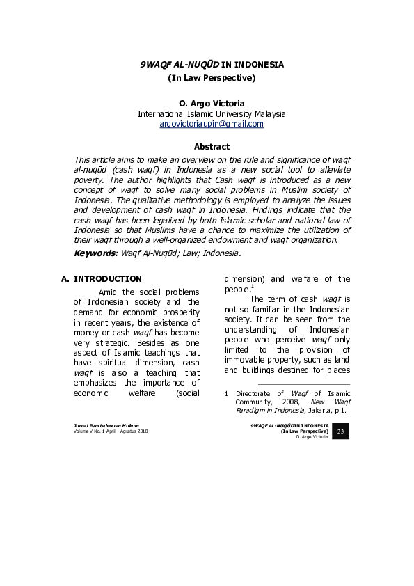 (PDF) WAQF AL-NUQŪD IN INDONESIA (In Law Perspective)