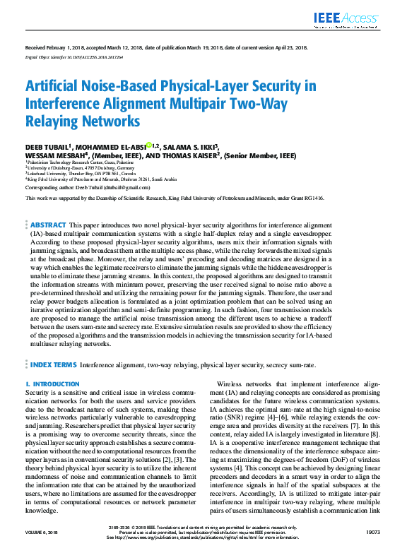 (PDF) Artificial Noise-Based Physical-Layer Security in Interference Alignment Multipair Two-Way ...
