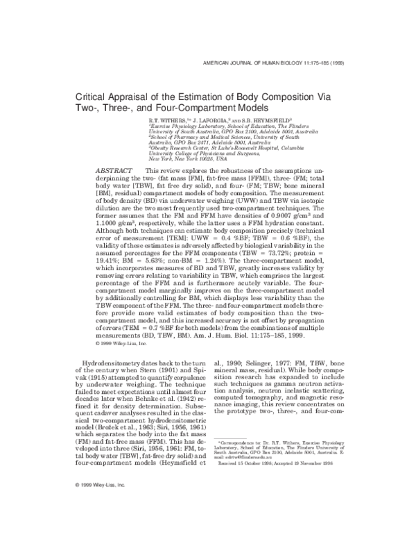 (PDF) Critical appraisal of the estimation of body composition via two ...