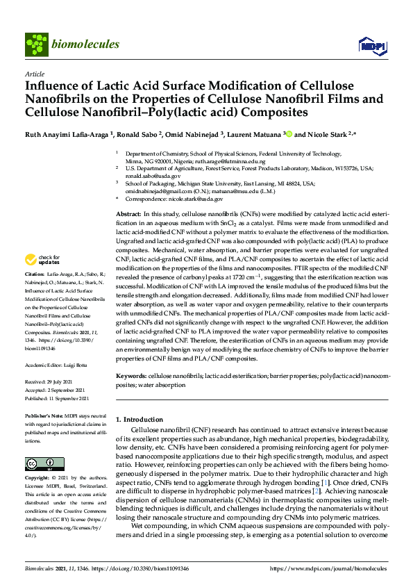 (PDF) Influence of Lactic Acid Surface Modification of Cellulose Nanofibrils on the Properties ...