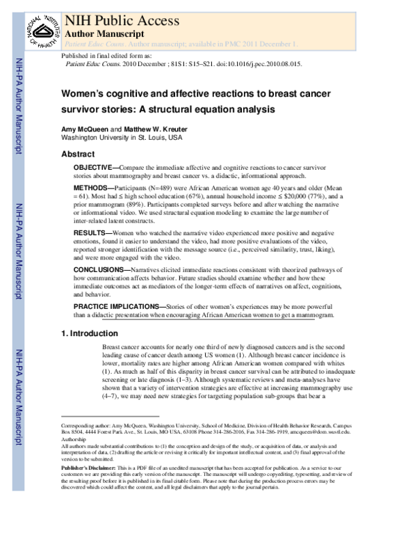 (PDF) Women's cognitive and affective reactions to breast cancer ...