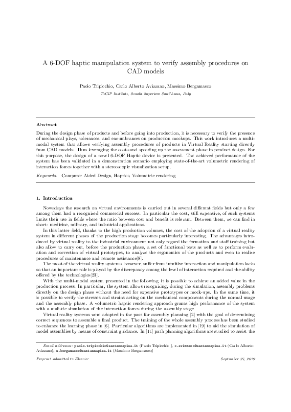 (PDF) A 6-DOF haptic manipulation system to verify assembly procedures on CAD models | Paolo ...