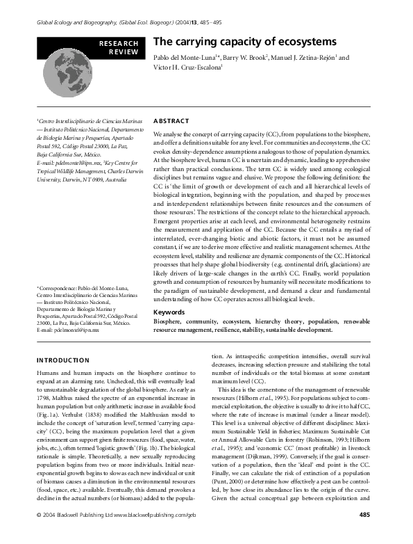 (PDF) The carrying capacity of ecosystems