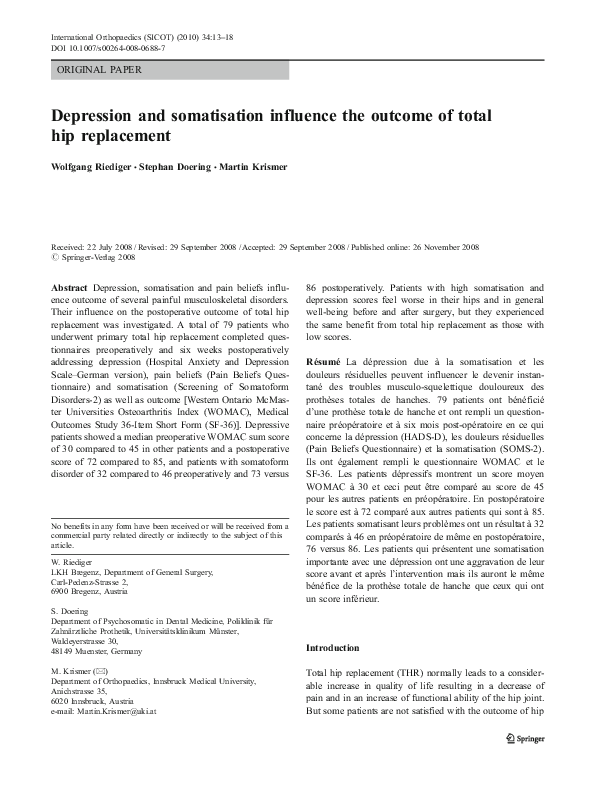 (PDF) Depression and somatisation influence the outcome of total hip ...