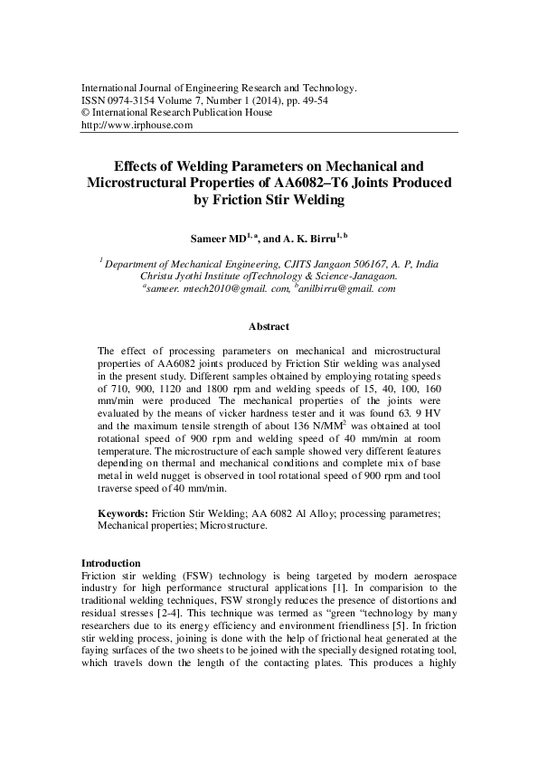 (PDF) Effects welding Parameters on Mechanical and Micro Structural Properties of AA6082-T6 ...