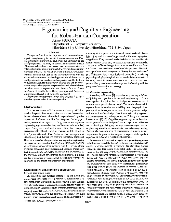 (PDF) Ergonomics and cognitive engineering for robot-human cooperation