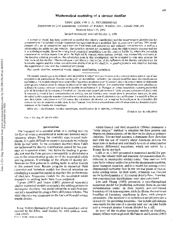 (PDF) Mathematical modelling of a circular clarifier
