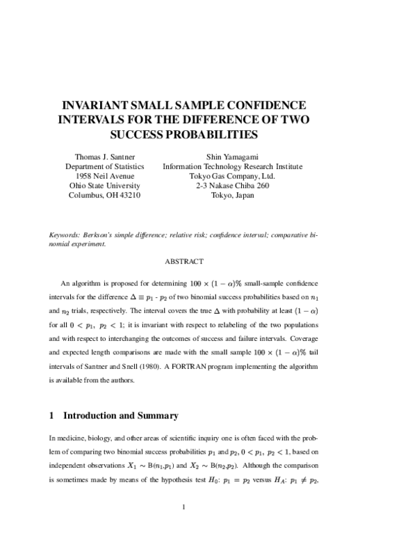 (PDF) Invariant small sample confidence intervals for the difference of ...