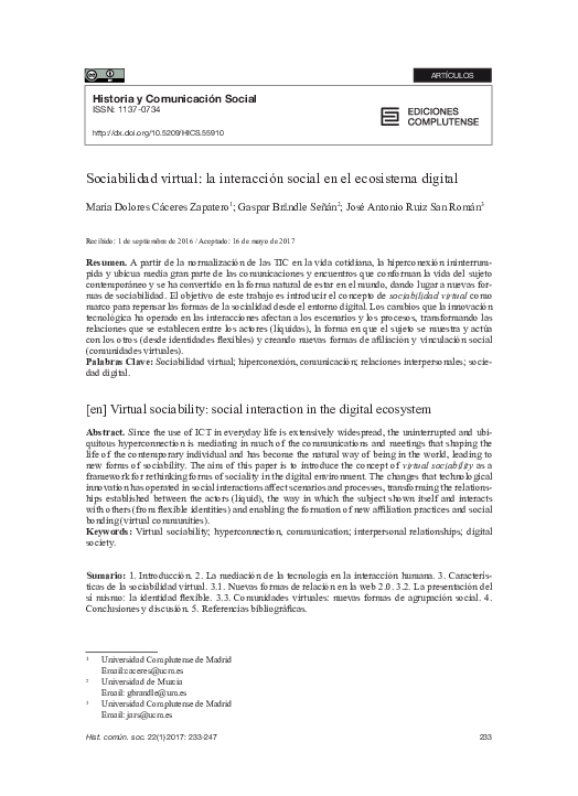 (PDF) Sociabilidad virtual: la interacción social en el ecosistema ...