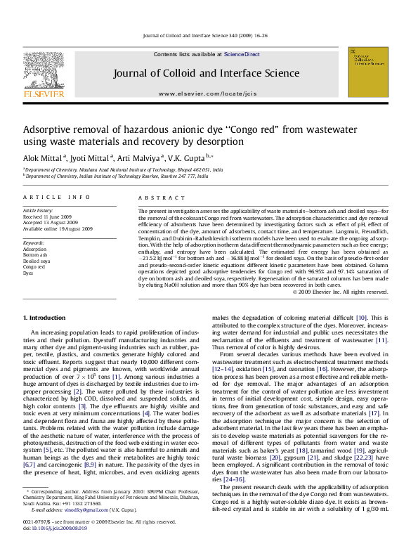 (PDF) Adsorptive removal of hazardous anionic dye “Congo red” from wastewater using waste ...