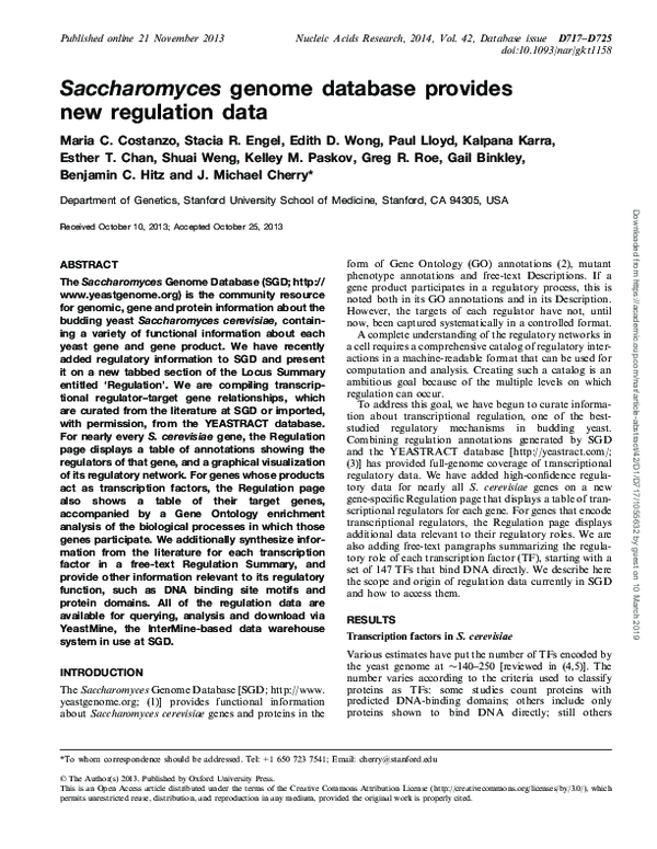 (PDF) Saccharomyces genome database provides new regulation data