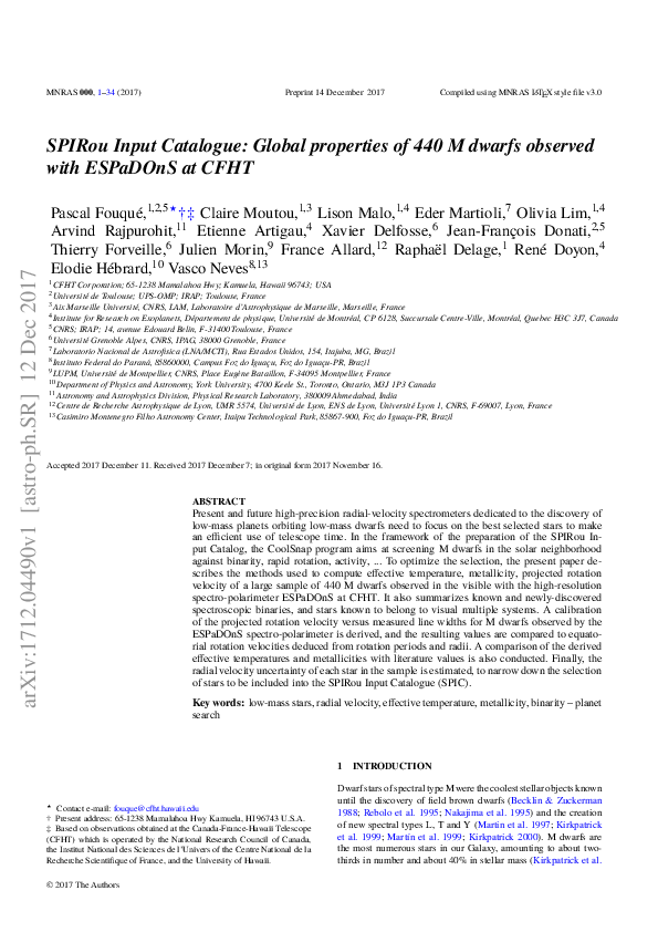(PDF) SPIRou Input Catalogue: global properties of 440 M dwarfs ...