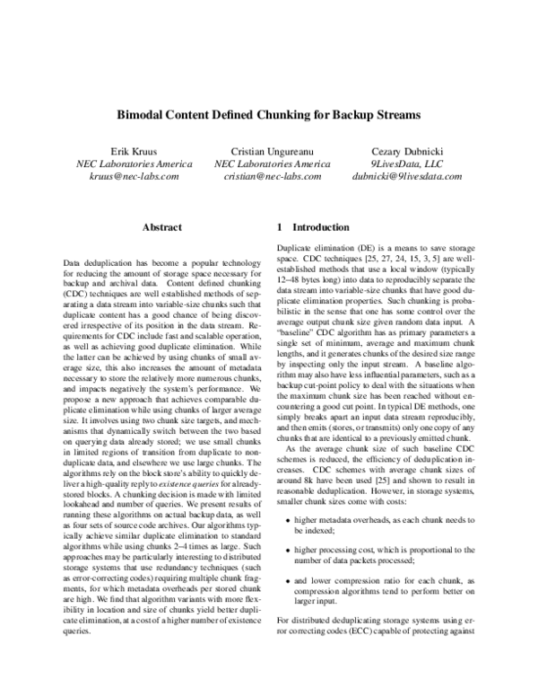 (PDF) Bimodal content defined chunking for backup streams