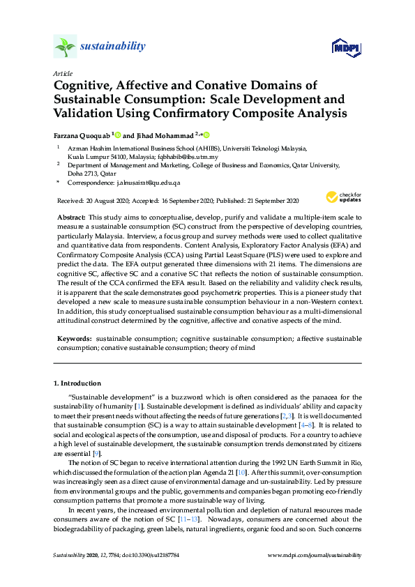 (PDF) Cognitive, Affective and Conative Domains of Sustainable Consumption: Scale Development ...