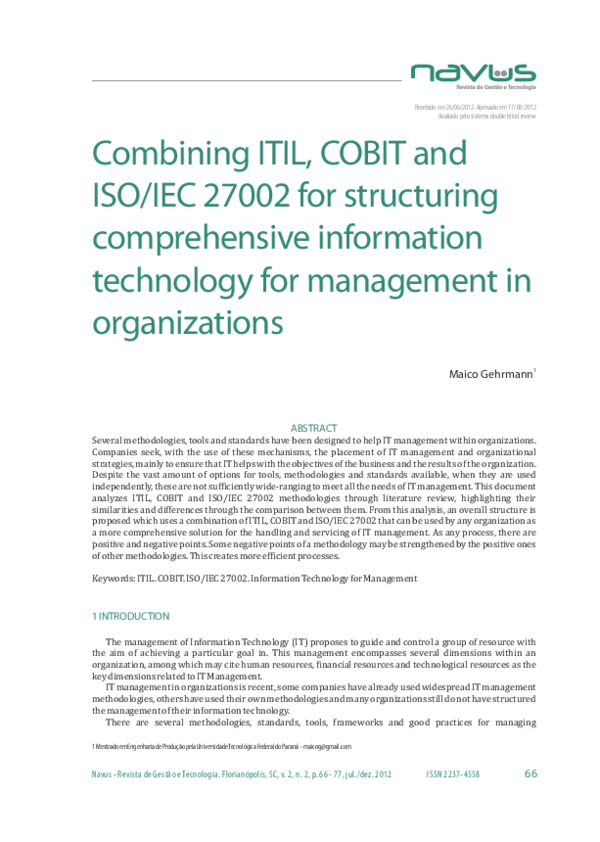 (PDF) Combining Itil, Cobit and Iso/Iec 27002 for Structuring ... (PDF) Combining Itil, Cobit and Iso/Iec 27002 for Structuring ...