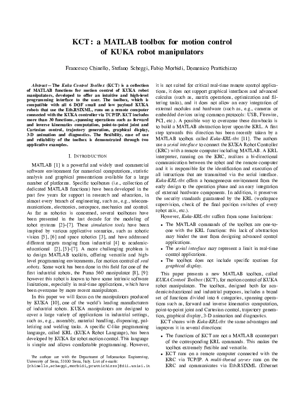 (PDF) KCT: a MATLAB toolbox for motion control of KUKA robot manipulators