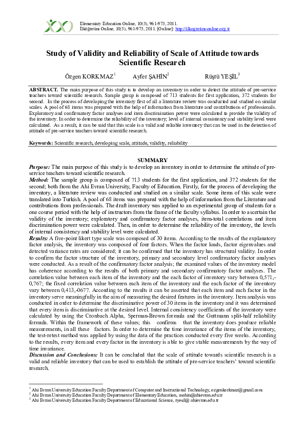 (PDF) Study of Validity and Reliability of Scale of Attitude towards Scientific Research