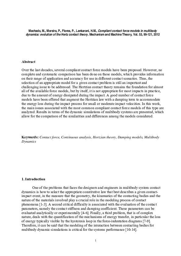 Pdf Compliant Contact Force Models In Multibody Dynamics Evolution Of The Hertz Contact Theory