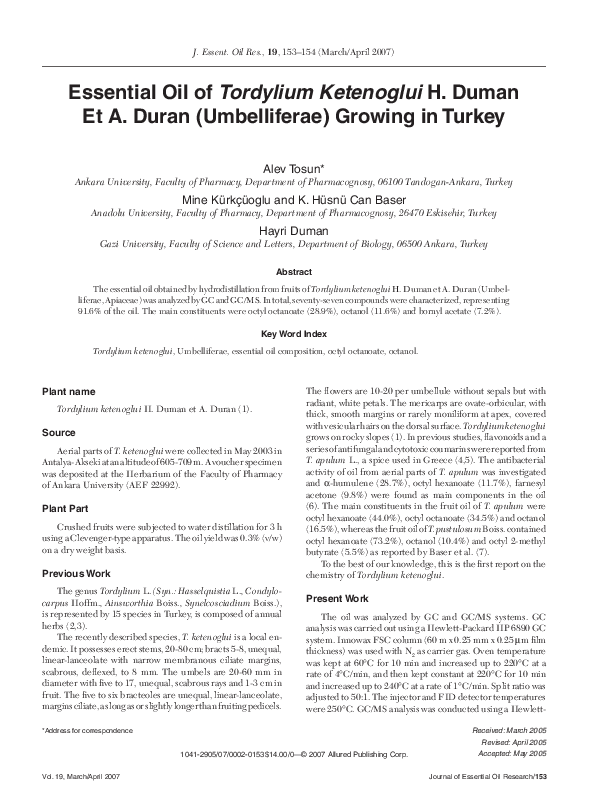 (PDF) Essential Oil of Tordylium Ketenoglui H. Duman Et A. Duran ...