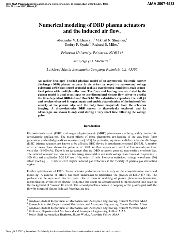 (PDF) Numerical modeling of DBD plasma actuators and the induced air flow