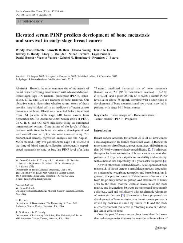 (PDF) Elevated serum P1NP predicts development of bone metastasis and ...