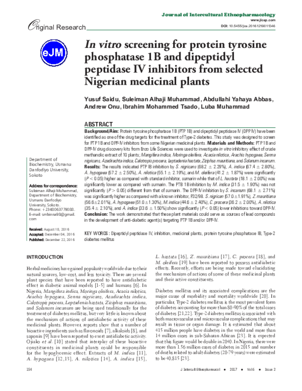 (PDF) In vitro Screening for Protein Tyrosine Phosphatase 1B and ...