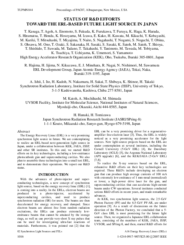 (PDF) Status of R&D efforts toward the ERL-based future light source in ...