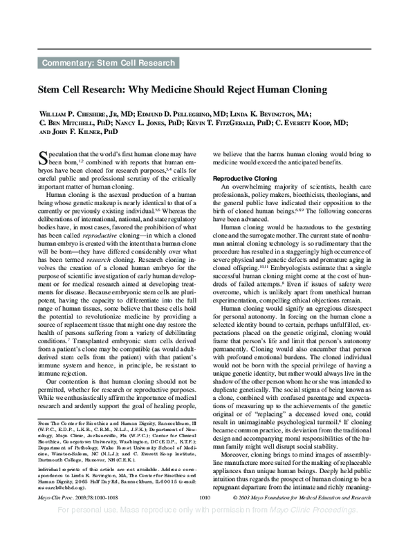 (PDF) Stem Cell Research: Why Medicine Should Reject Human Cloning