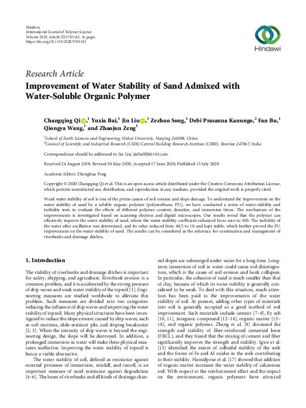 (PDF) Improvement of Water Stability of Sand Admixed with Water-Soluble ...