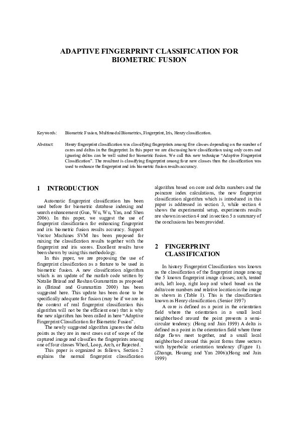 (PDF) Adaptive Fingerprint Classification for Biometric Fusion